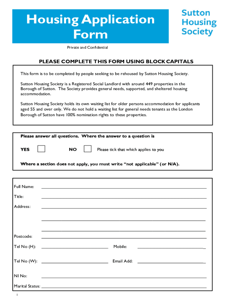 Fillable Online suttonhousingsociety org Housing application form with ...