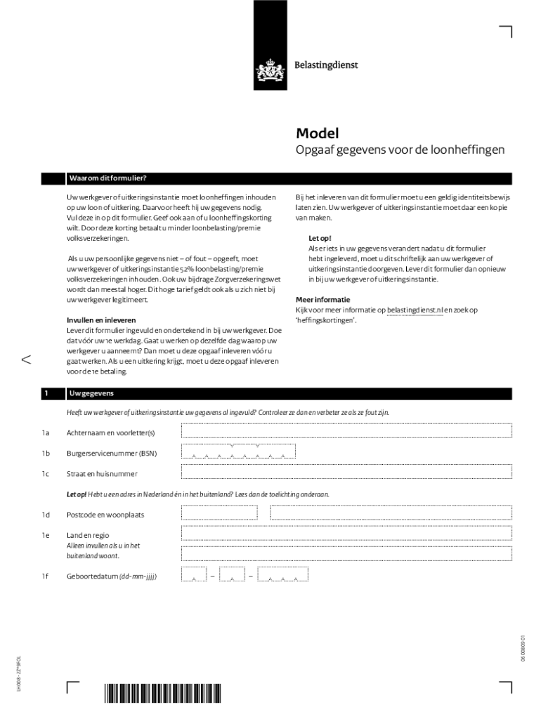 Invulbaar Online Invullen Model opgaaf gegevens voor de loonheffingen ...