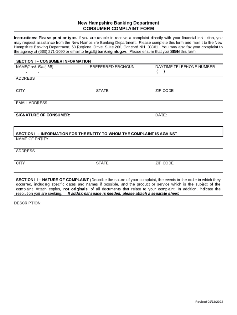 consumer complaint - New Hampshire Banking Department Doc Template ...