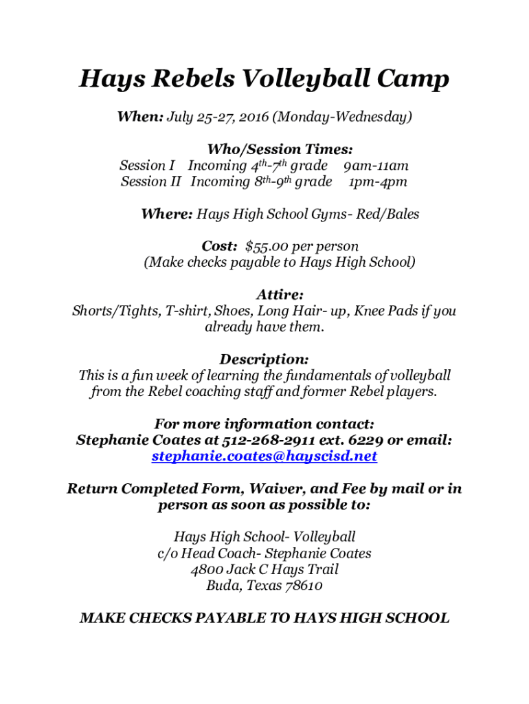Fillable Online Hays Rebels Volleyball Camp Fax Email Print - pdfFiller
