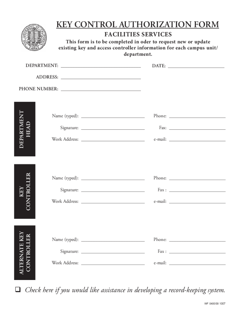 Fillable Online facilities berkeley KEY CONTROL AUTHORIZATION FORM ...
