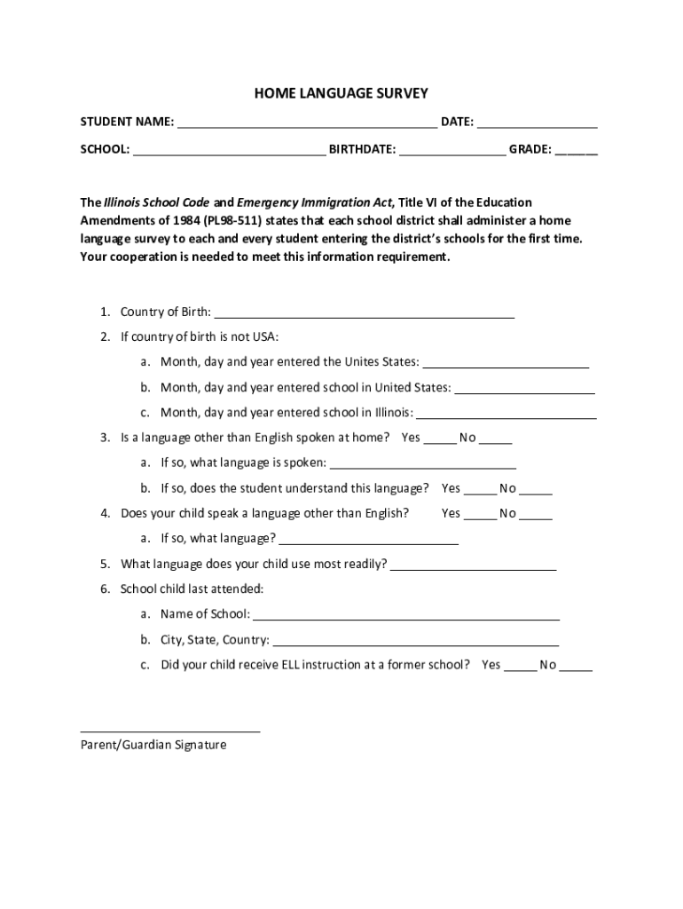 Fillable Online Home Language Survey. Home Language Survey Fax Email ...