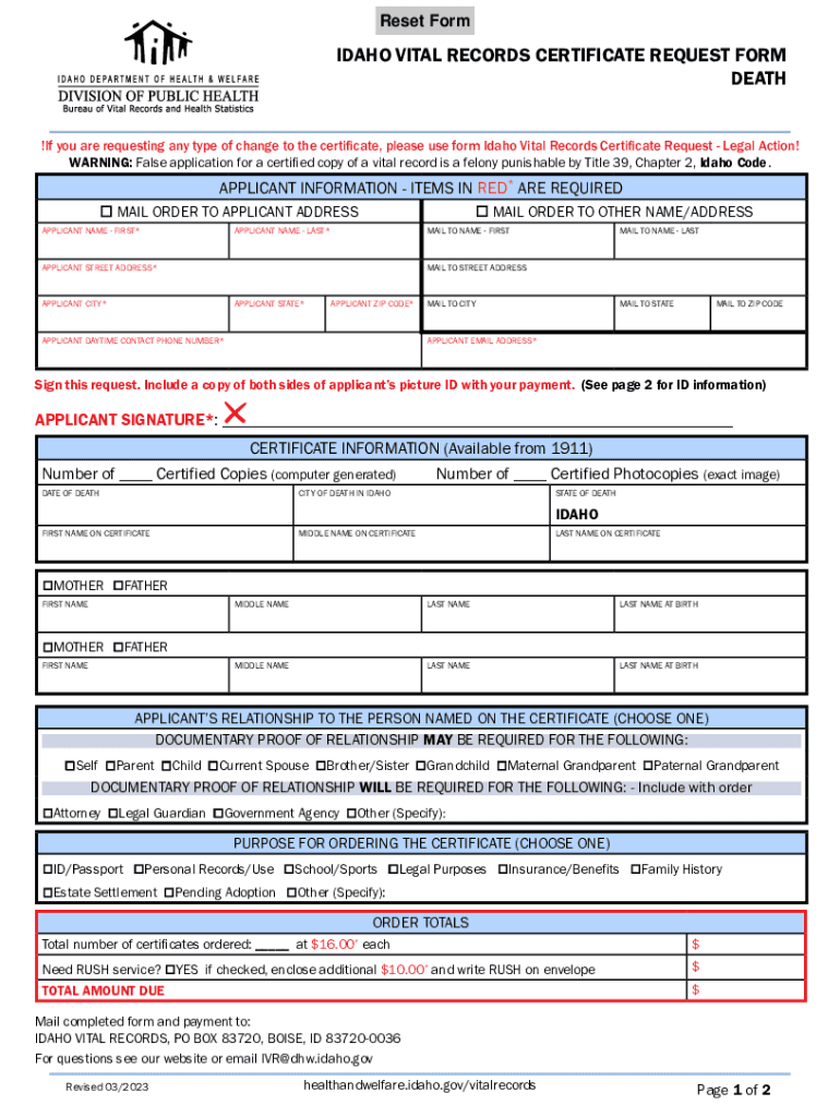 Fillable Online Reset Form - IDAHO VITAL RECORDS CERTIFICATE REQUEST ...