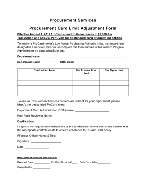 Fillable Online Procurement Services Procurement Card Limit Adjustment ...