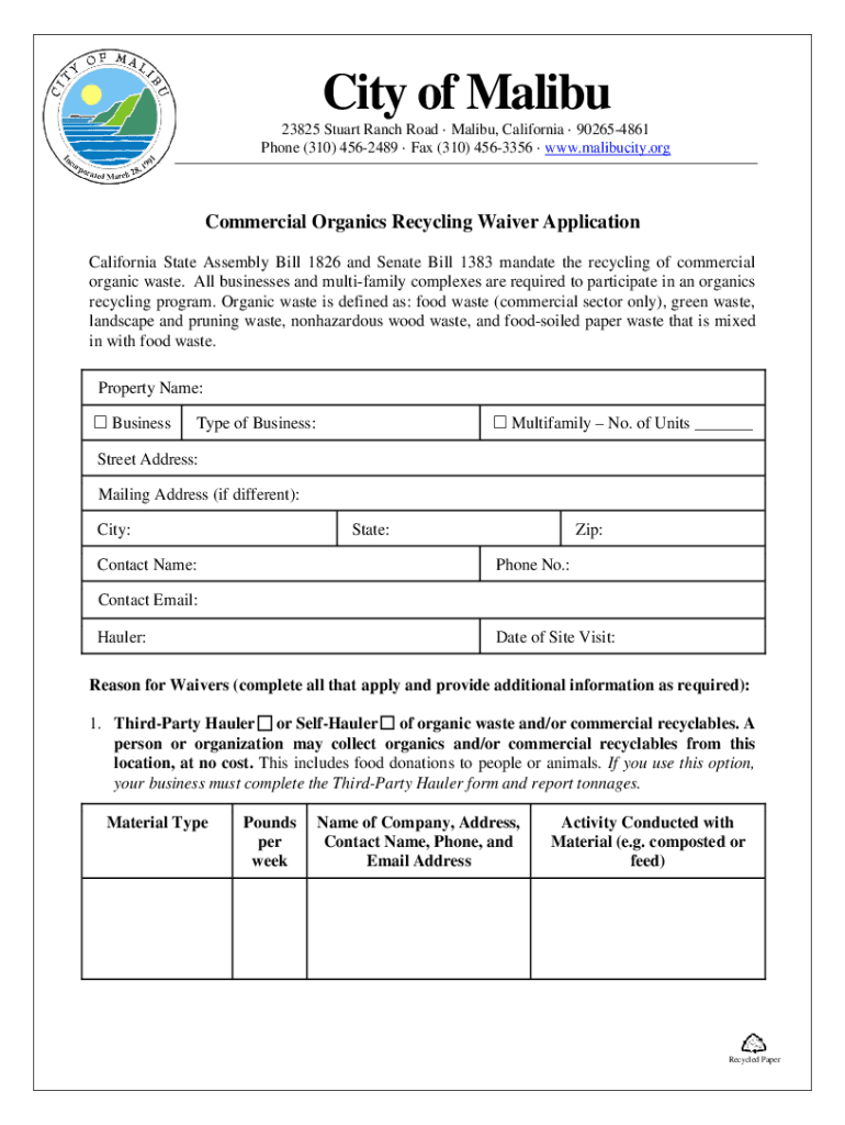 Fillable Online Commercial Organics Recycling Waiver Application Fax ...