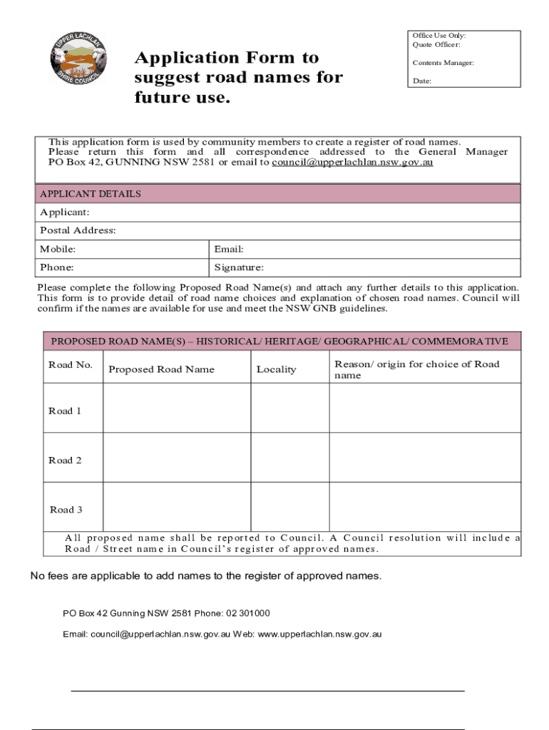 Fillable Online upperlachlan nsw gov Application Form to suggest road names for future use. Fax ...