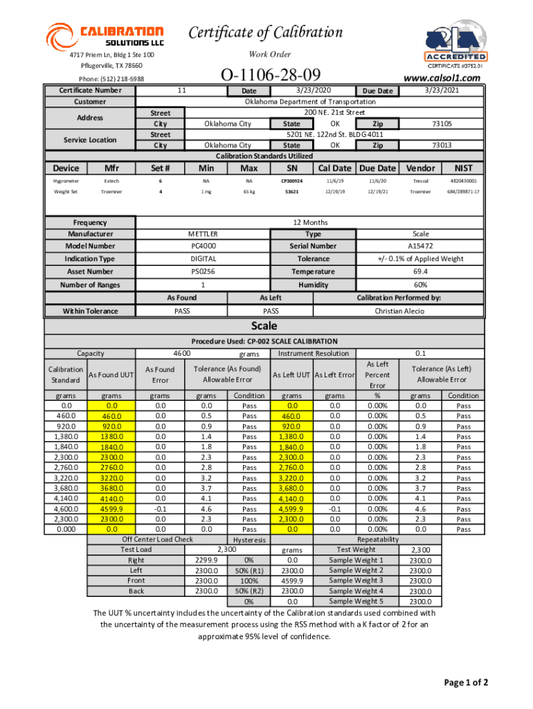 Fillable Online Procedure Used: CP-002 SCALE CALIBRATION Fax Email Print - pdfFiller