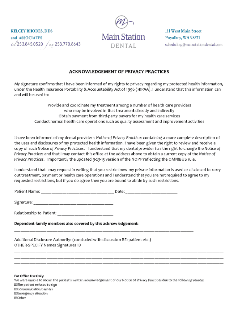 Fillable Online ACKNOW WLEDGEMEN NT OF PRIV VACY PRAC CTICES Fax Email ...