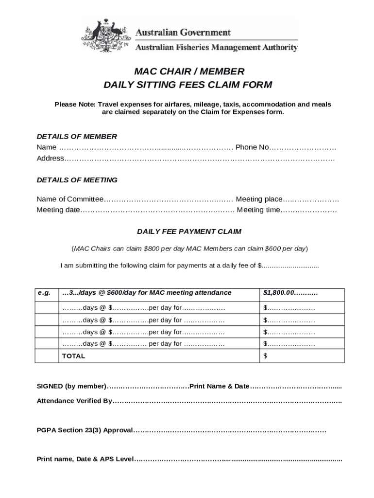 mac chair / member daily sitting fees claim Doc Template | pdfFiller