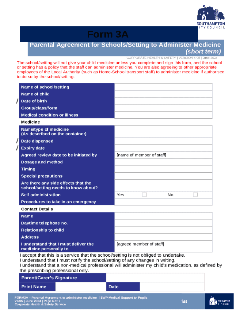 3A- Parental Agreement to Administer Medicine Doc Template | pdfFiller