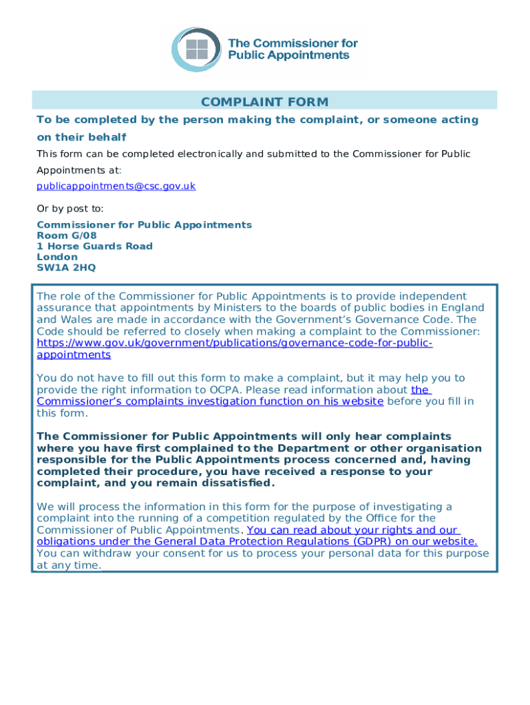 complaint - Commissioner for Public Appointments - publicappointmentscommissioner independent ...