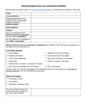 Self-nomination for LGA Boards 2022/23 Doc Template | pdfFiller