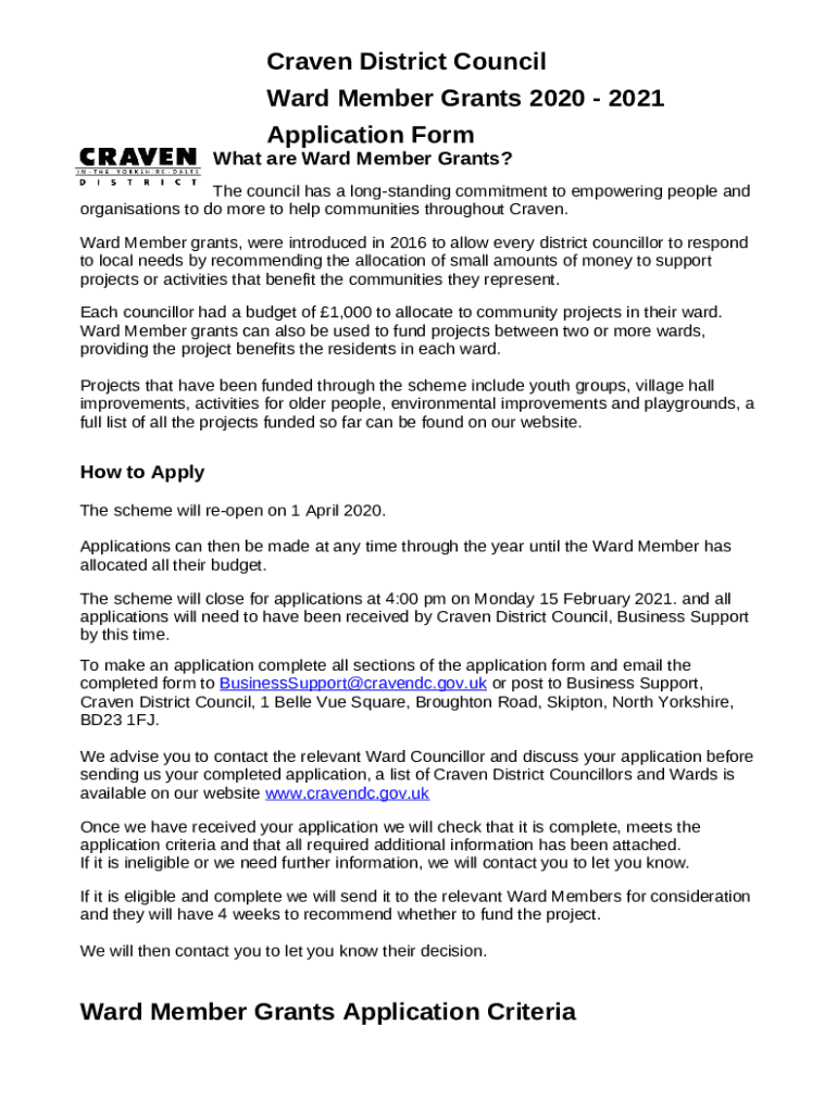 Craven District Council Ward Member Grant Application ... Doc Template | pdfFiller