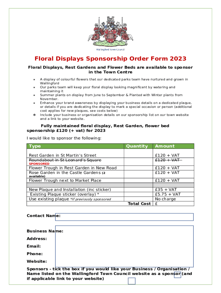 Floral Display Order - Wallingford Town Council Doc Template | pdfFiller