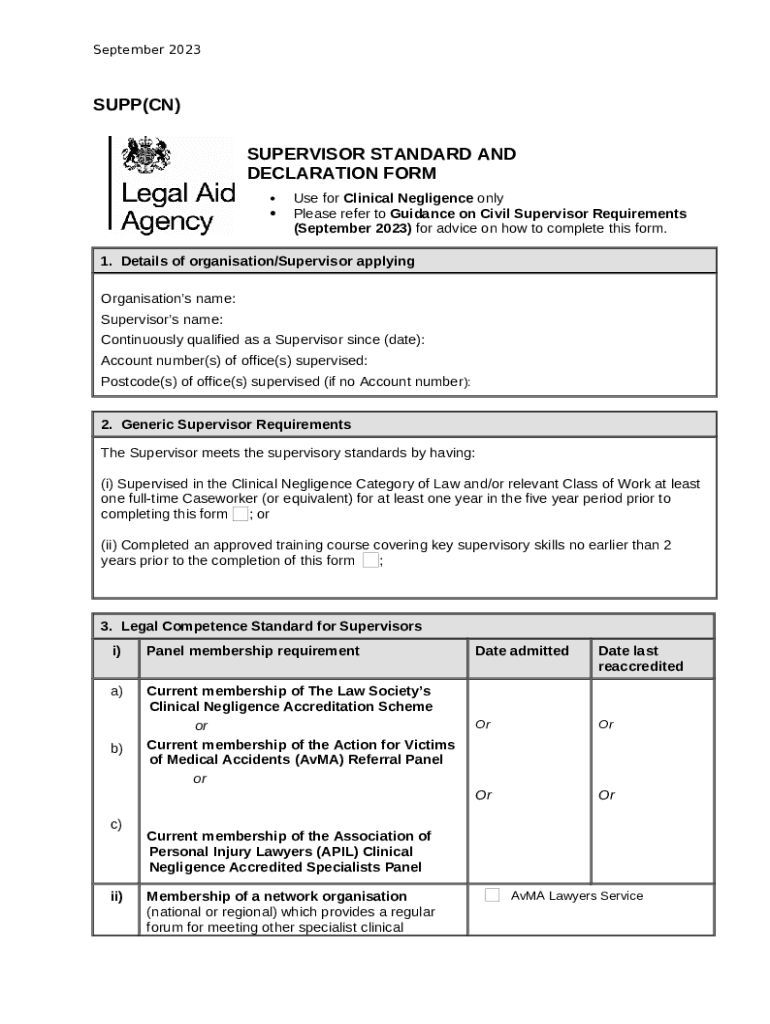 Clinical Negligence Supervisor Declaration Doc Template | pdfFiller