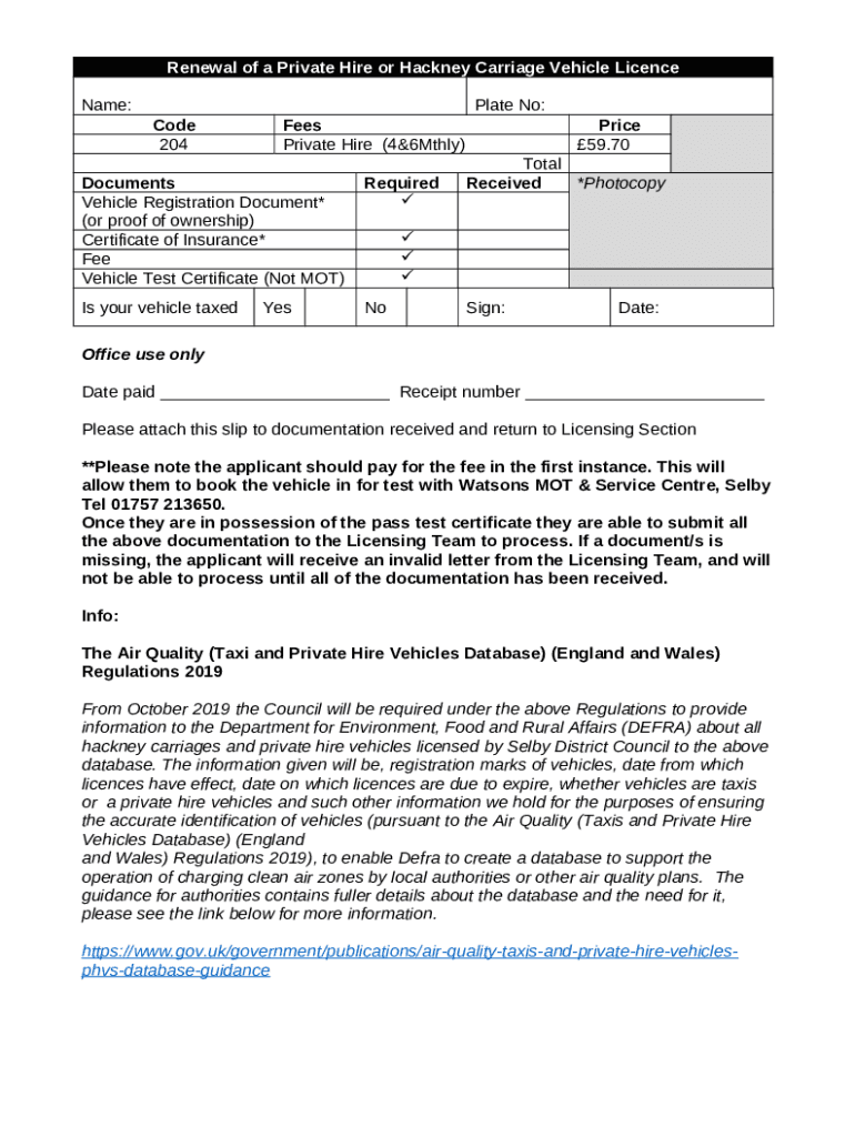 renew a private hire or hackney carriage vehicle licence Doc Template ...