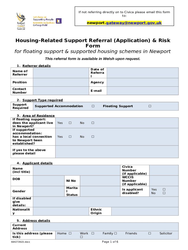 Housing-Related Support Referral (Application) & Risk Doc Template ...