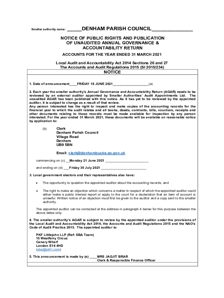 Fillable Online denham parish council - notice of public rights ... Fax ...