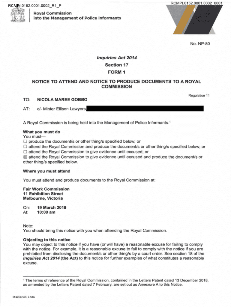Fillable Online Inquiries Act 2014 Section 17 FORM 1 TO PRODUCE ... Fax ...