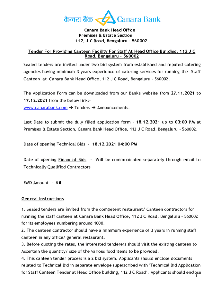 Fillable Online CANARA BANK HEAD OFFICE, BANGALORE OFFER ... Fax Email Print - pdfFiller