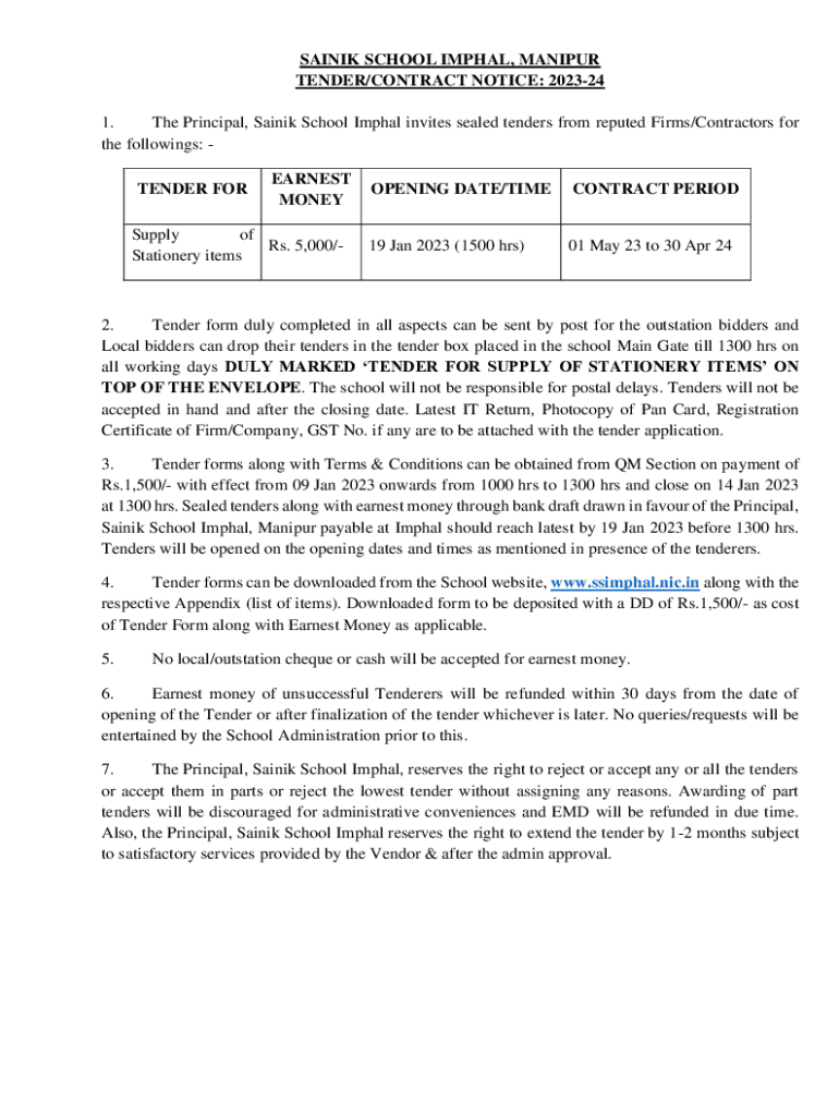 Fillable Online ssimphal nic SAINIK SCHOOL IMPHAL, MANIPUR TENDER ...