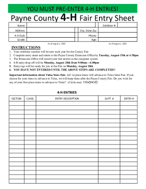 Fillable Online Payne County 4-H Entry Sheet. Payne County 4-H Entry ...