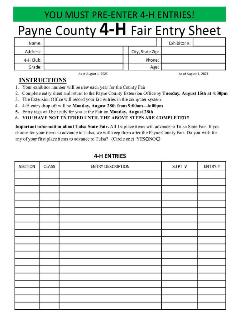 Fillable Online Payne County 4-H Entry Sheet. Payne County 4-H Entry ...