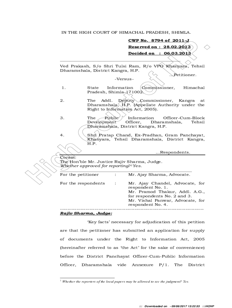 Fillable Online Orders of High Court Himachal Pradesh in Prem Raj Case ...
