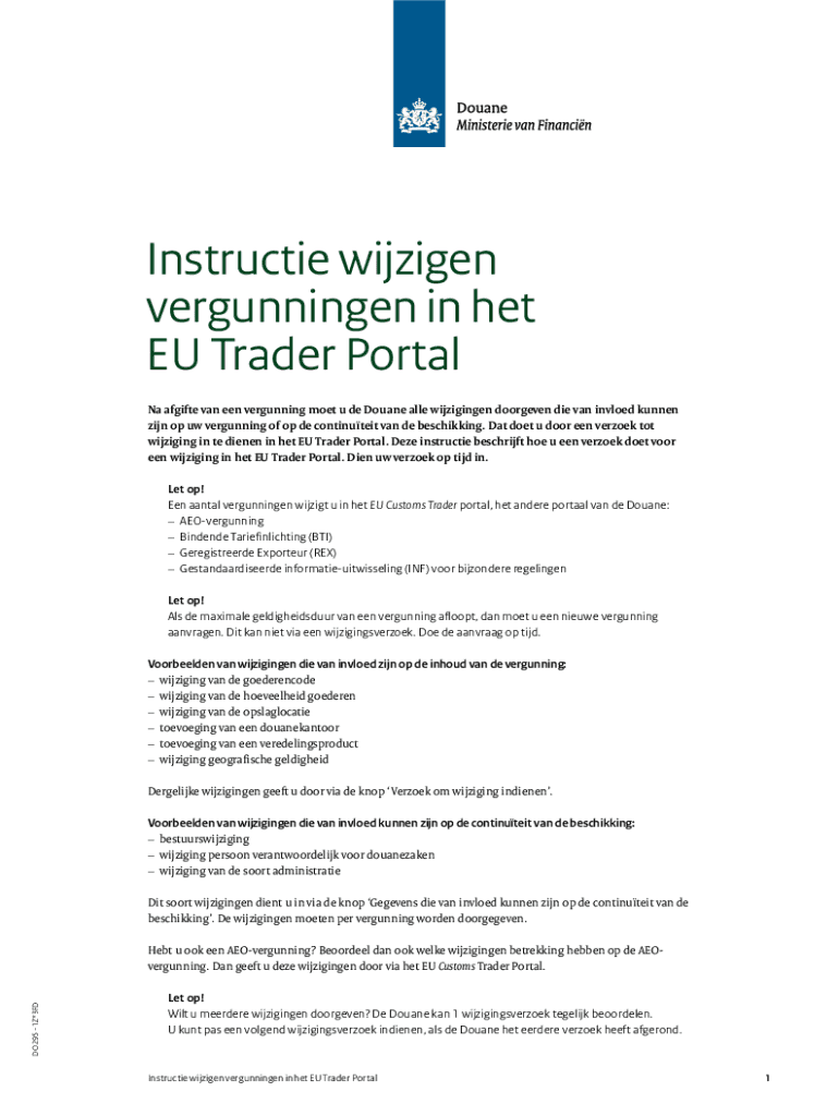 Invulbaar Online Instructie wijzigen vergunningen in het EU Trader Portal. DO 295 - 1Z*3FD ...
