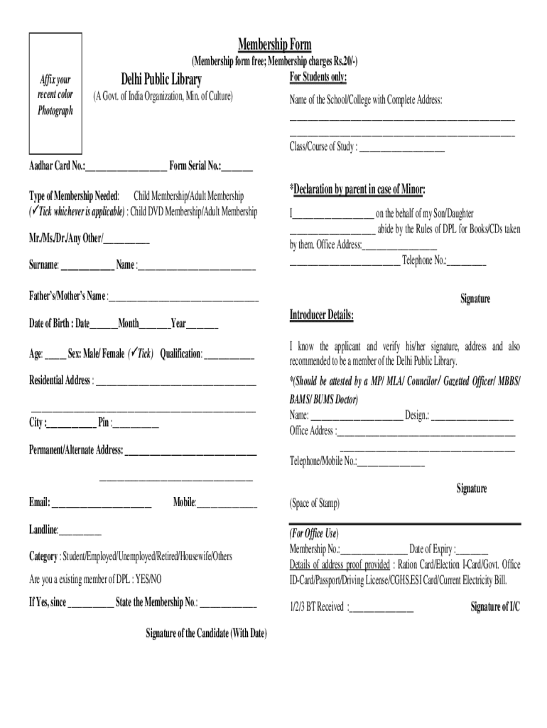 Fillable Online Delhi Public Library Membership FormPDF Fax Email Print ...
