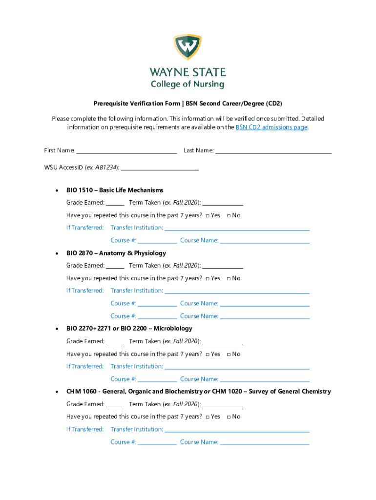Fillable Online nursing wayne Prereq Verification Form - BSN CD2 Fax Email Print - pdfFiller