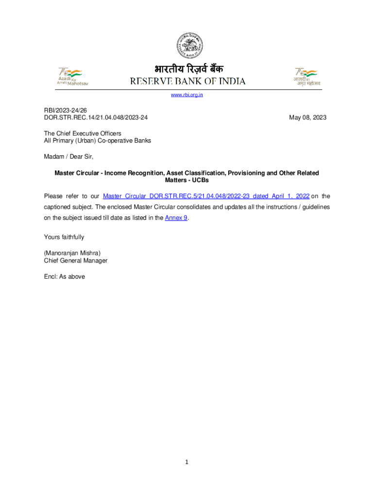 Fillable Online Master Circular - Income Recognition, Asset Classification, Provisioning and ...