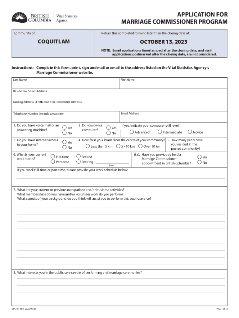 Fillable Online Application for a Temporary Marriage Commissioner ...