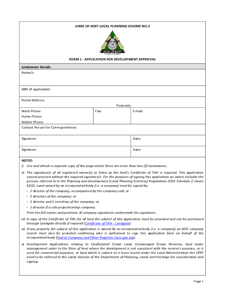 Fillable Online SHIRE OF KENT LOCAL PLANNING SCHEME NO.3 FORM 1 Fax ...