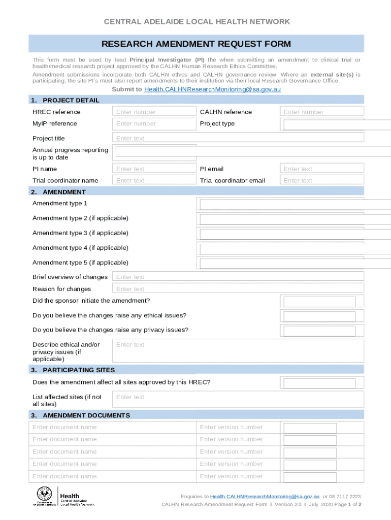CALHN Research Amendment Request Doc Template | pdfFiller
