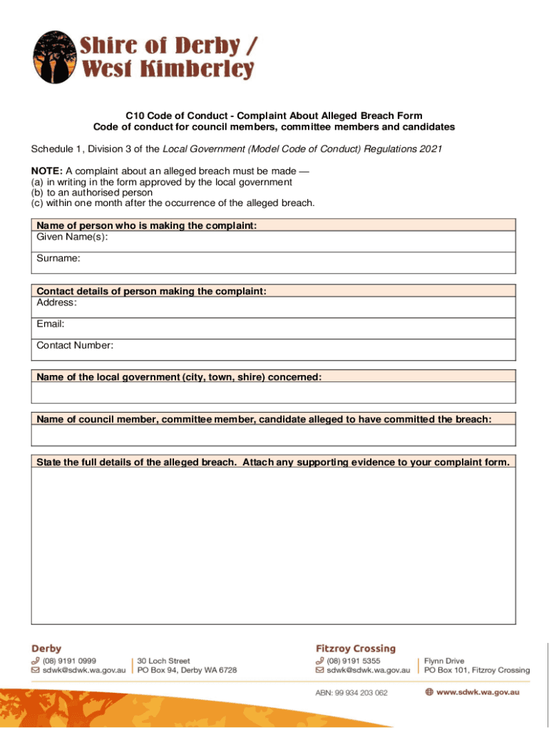 Fillable Online C10 Code of Conduct Complaint About Alleged Breach Form ...