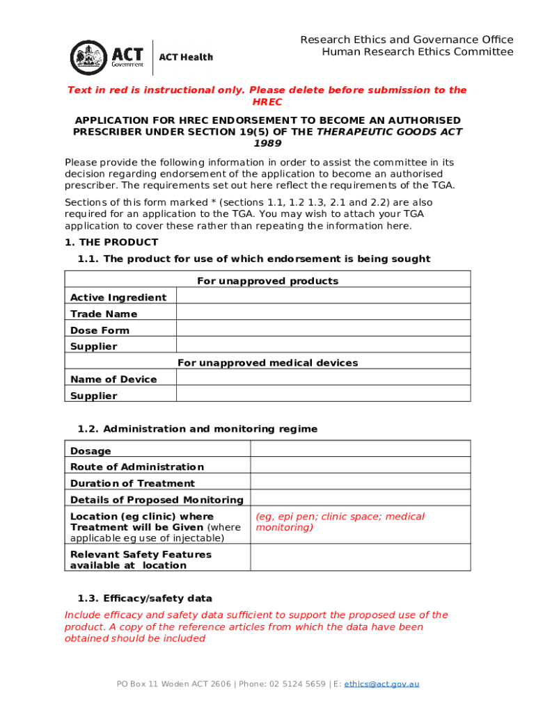 TGA Authorised Prescriber HREC Application Doc Template | pdfFiller