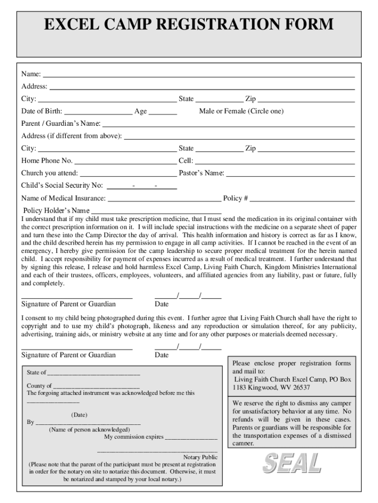 Fillable Online EXCEL CAMP REGISTRATION FORM Fax Email Print - pdfFiller