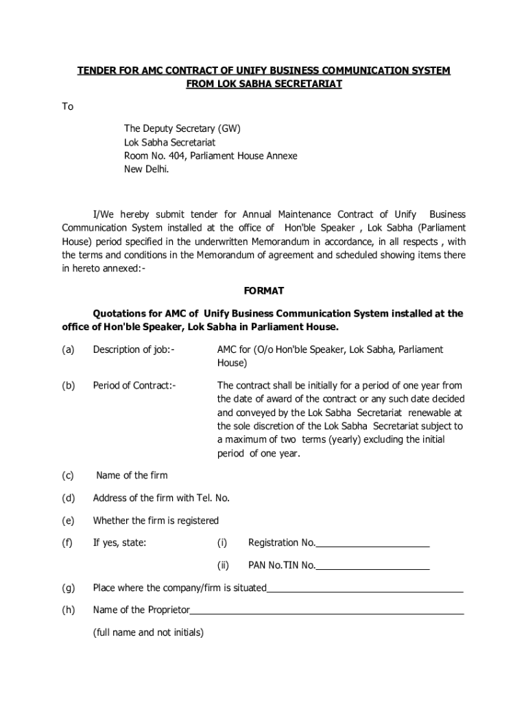 Fillable Online Tender for AMC contract of Unify Business Communication ...