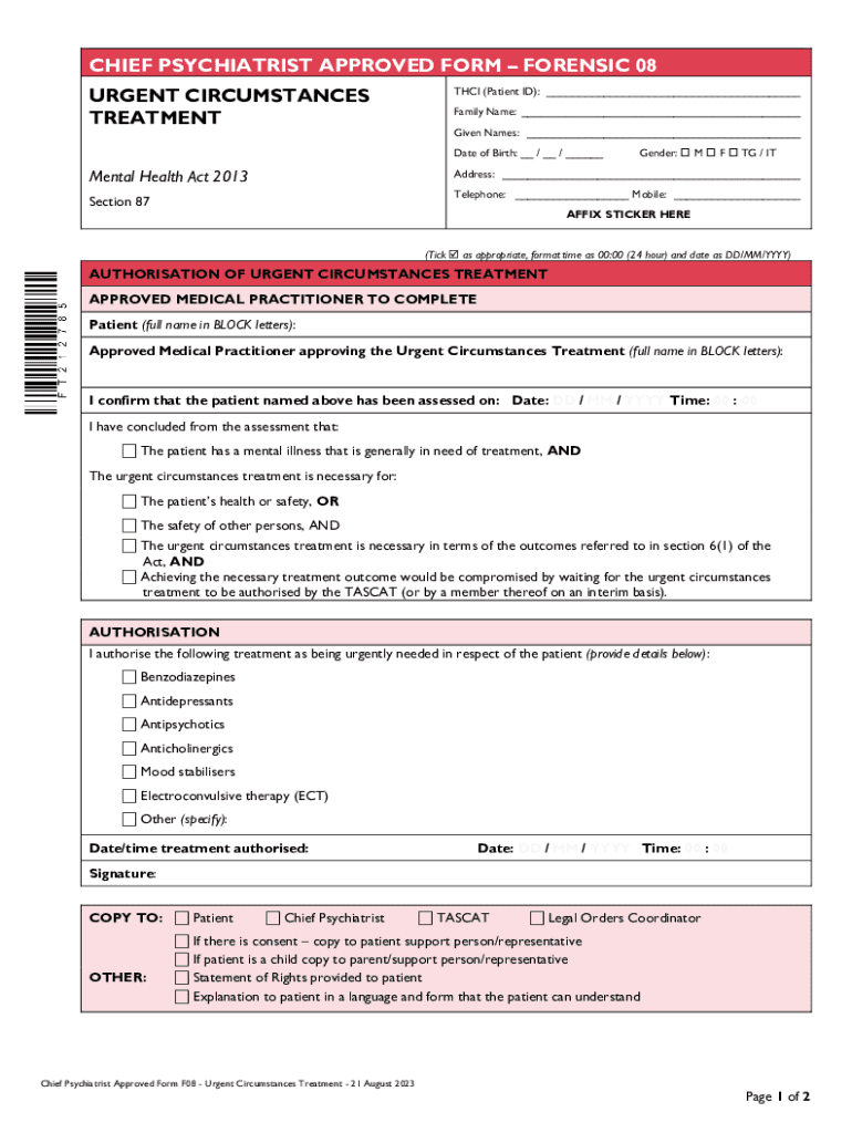 Fillable Online FT212785 - F8 - MH Act - Urgent Circumstances Treatment ...