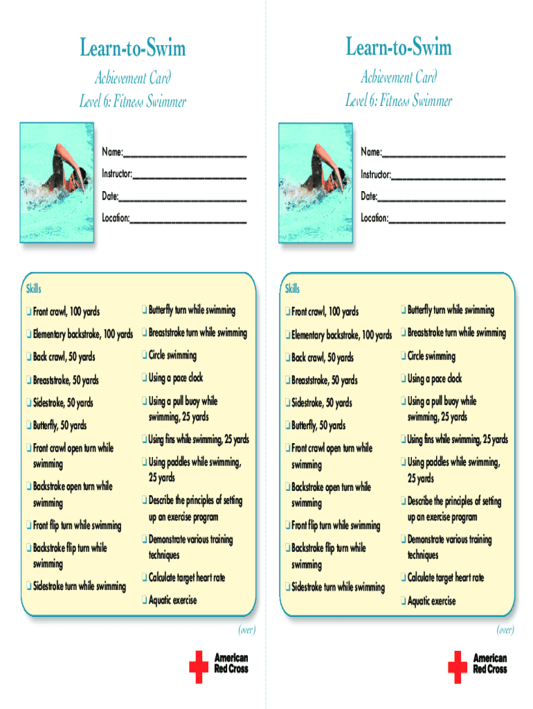 Fillable Online Learn To Swim Achievement Card Level 6 Fitness