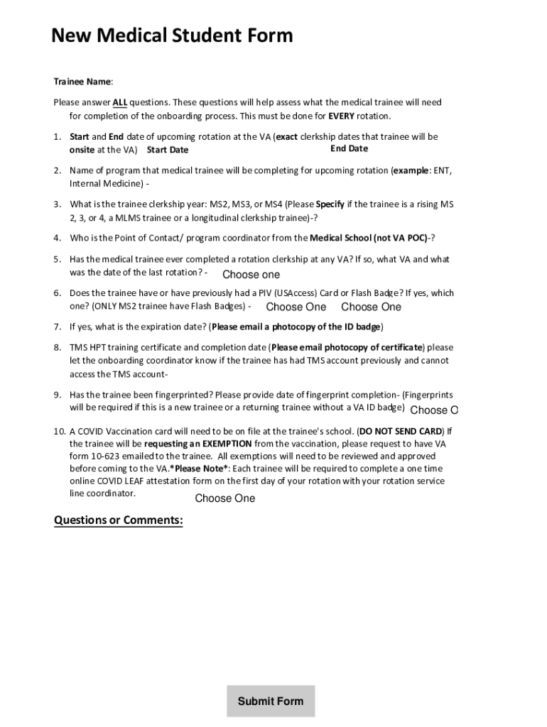 Fillable Online New Medical Student Form. Medical student form Fax ...