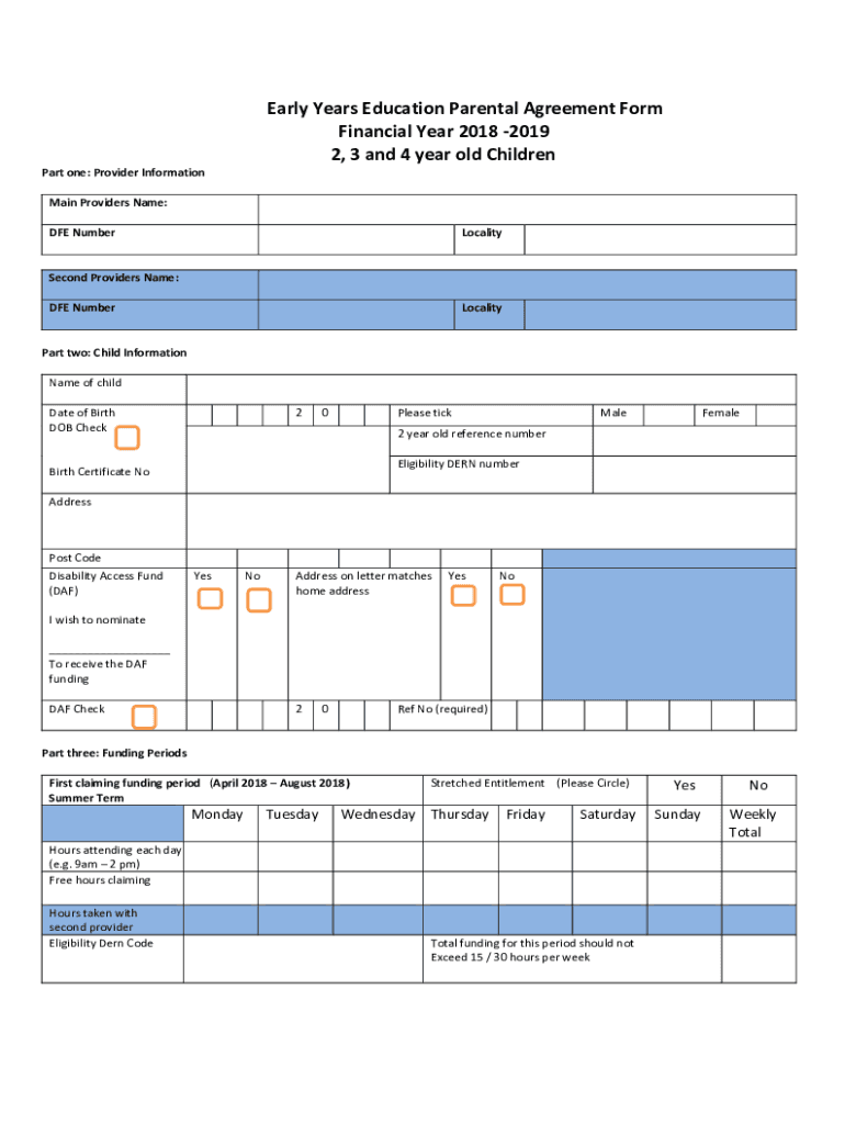 Fillable Online Early Years Education Parental Agreement Form Financial ...