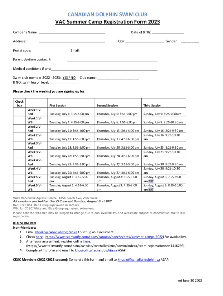 Fillable Online VAC Summer Camp Registration Form 2023 Fax Email Print - pdfFiller