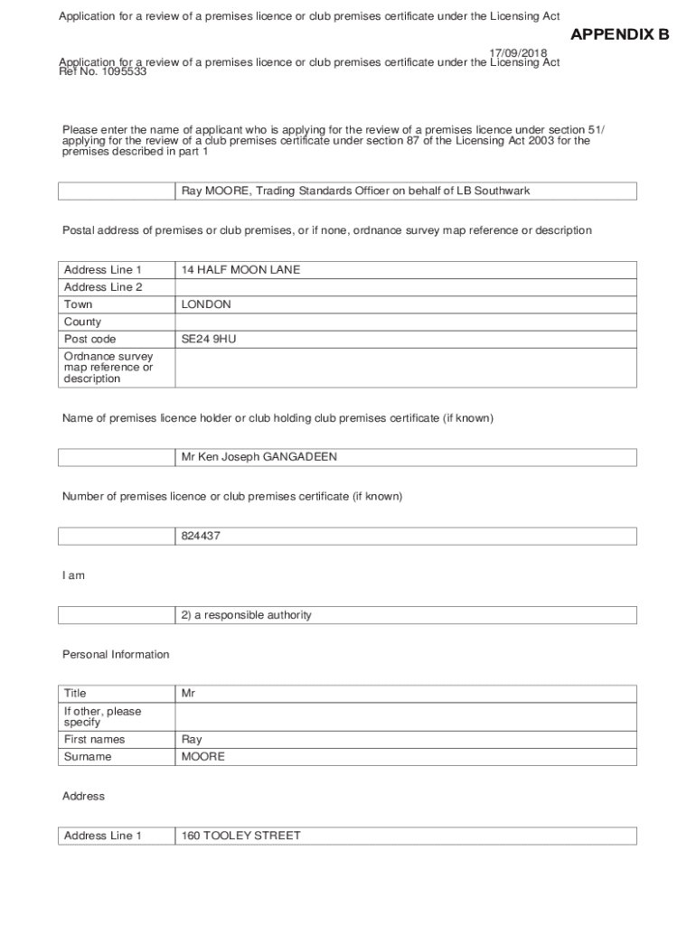 Fillable Online Application for a review of a premises licence or club premises certificate ...