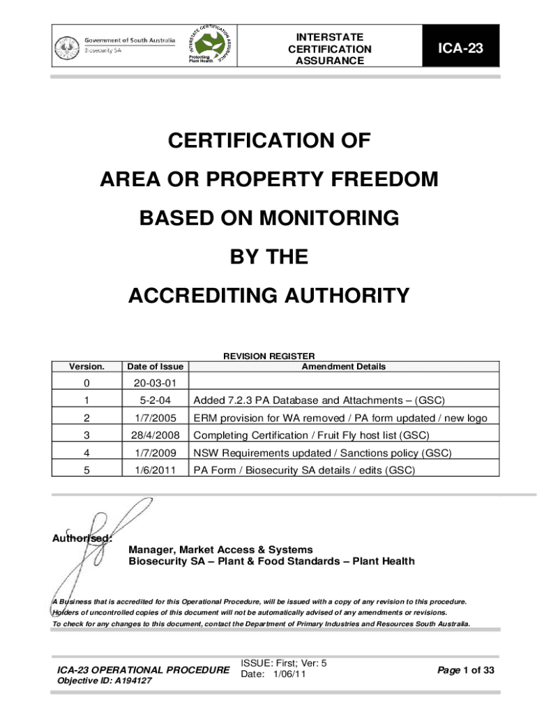 Fillable Online ICA-23 Certification of area for property freedom based ...