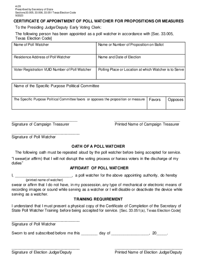 Fillable Online certificate of appointment of poll watcher for ...