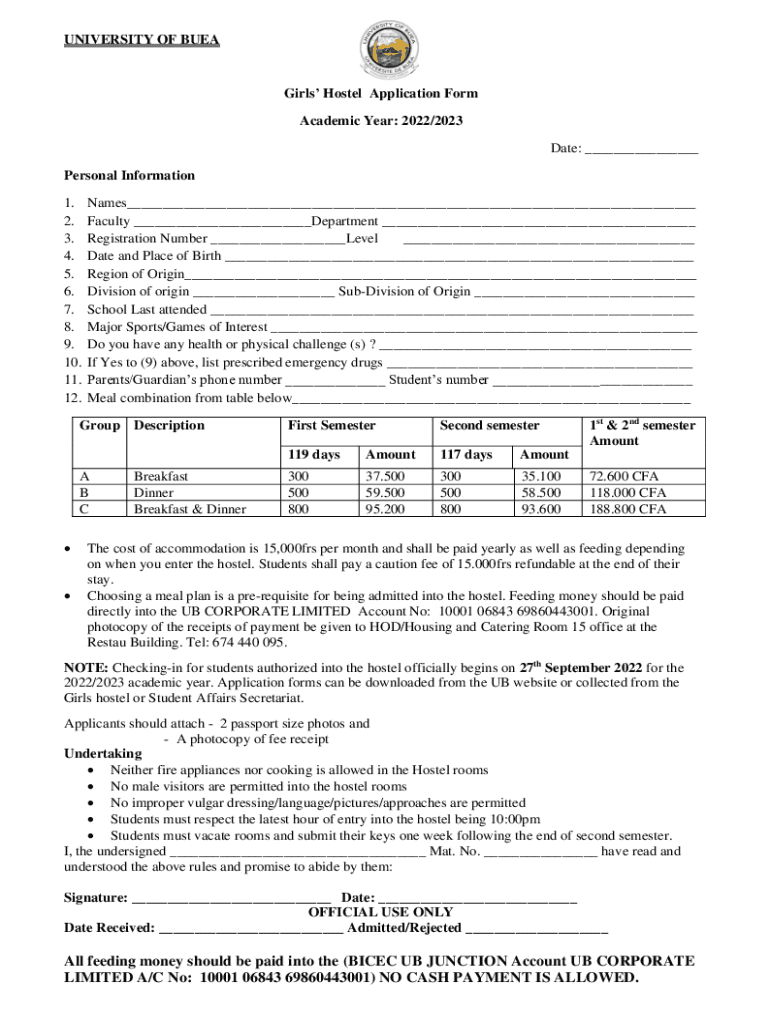 Fillable Online Girls' Hostel Application Form Fax Email Print - pdfFiller