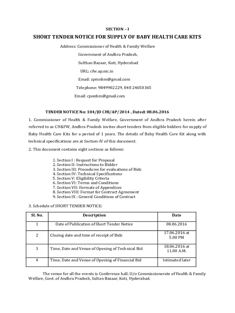 Fillable Online cfw ap nic SHORT TENDER NOTICE FOR SUPPLY OF BABY ...