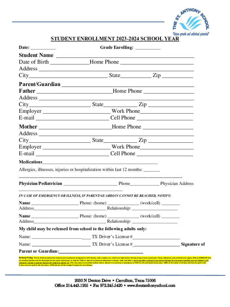 Fillable Online St. Michael School K-8 New Student Enrollment Form Fax ...